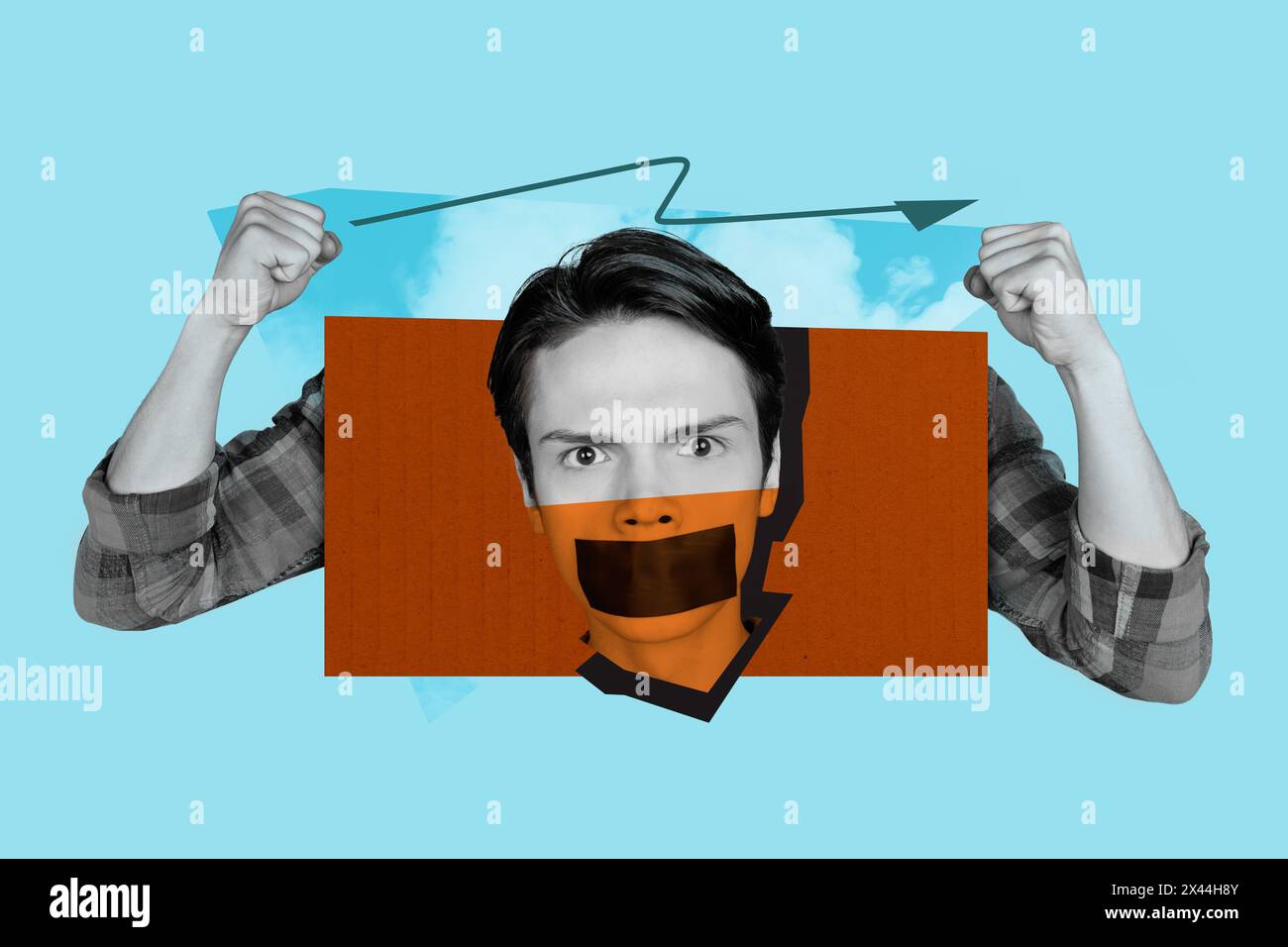 Composite photo collage of headless man taped mouth mute show strength ...