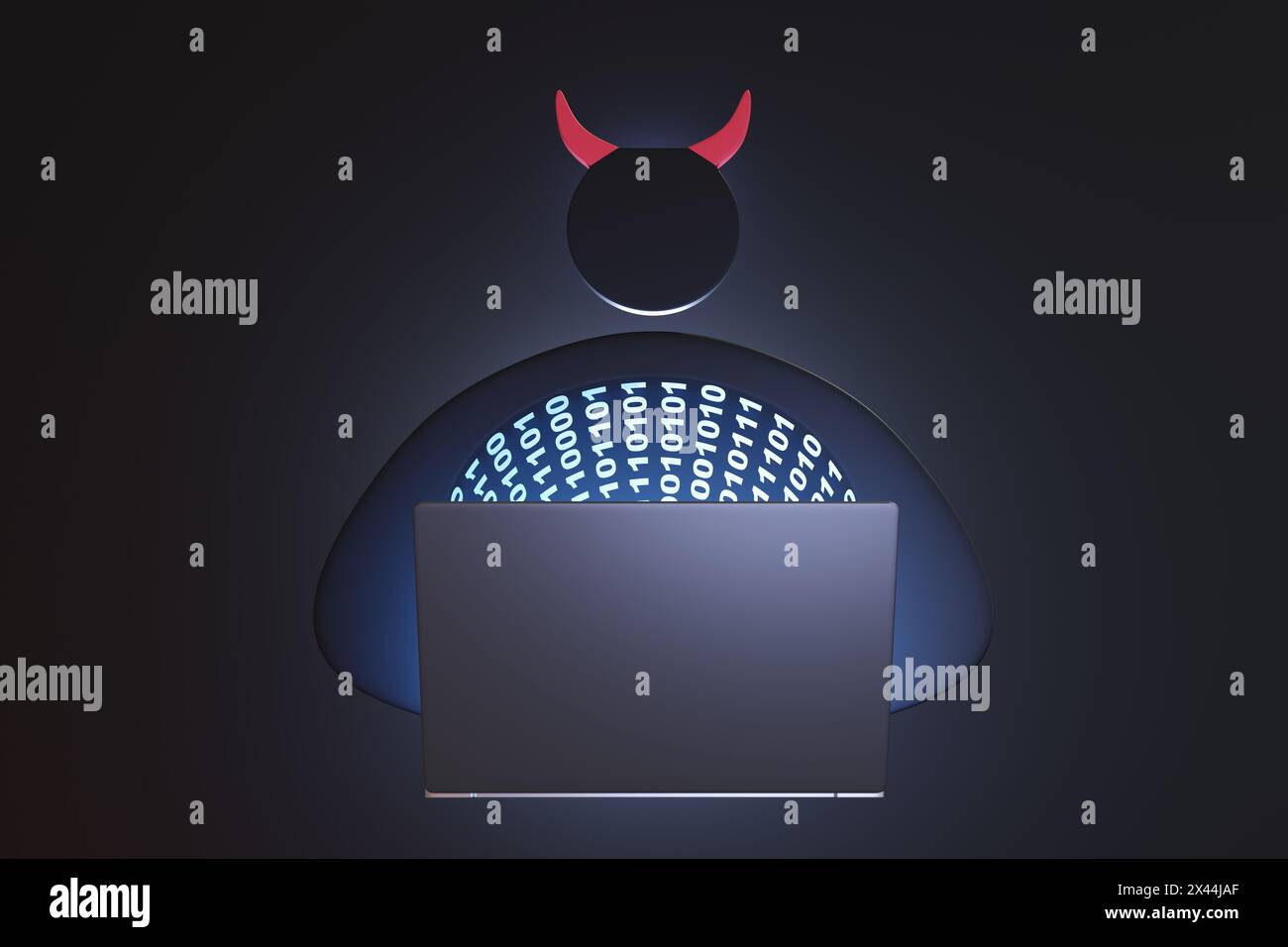 Black silhouette of devil in front of a silver laptop projecting binary ...