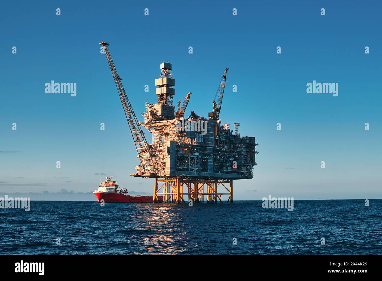 Close up panoramic view of offshore oil and gas jackup platform, during ...