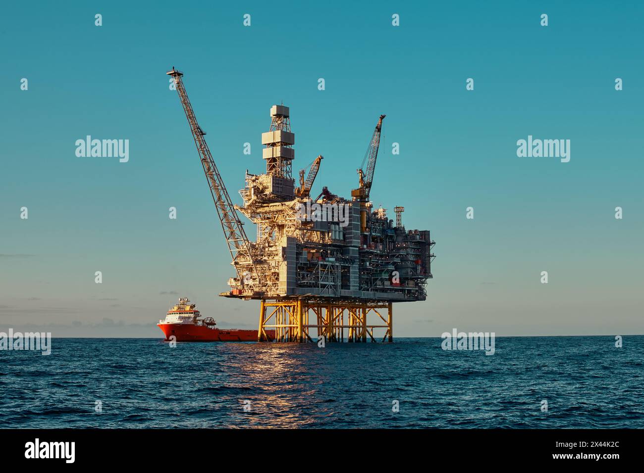 Close up panoramic view of offshore oil and gas jackup platform, during ...