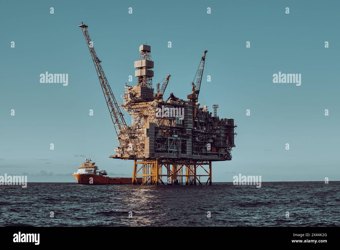 Close up panoramic view of offshore oil and gas jackup platform, during ...