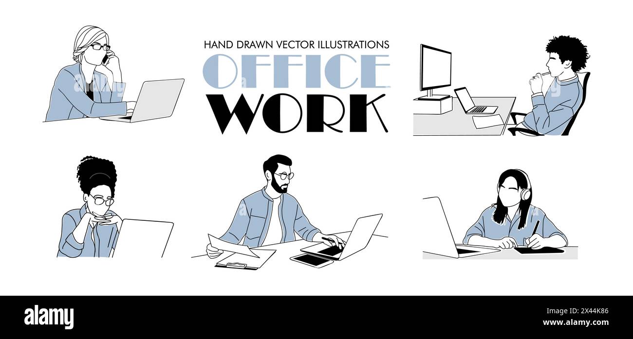 Hand drawn vector illustrations of office work Stock Vector Image & Art ...