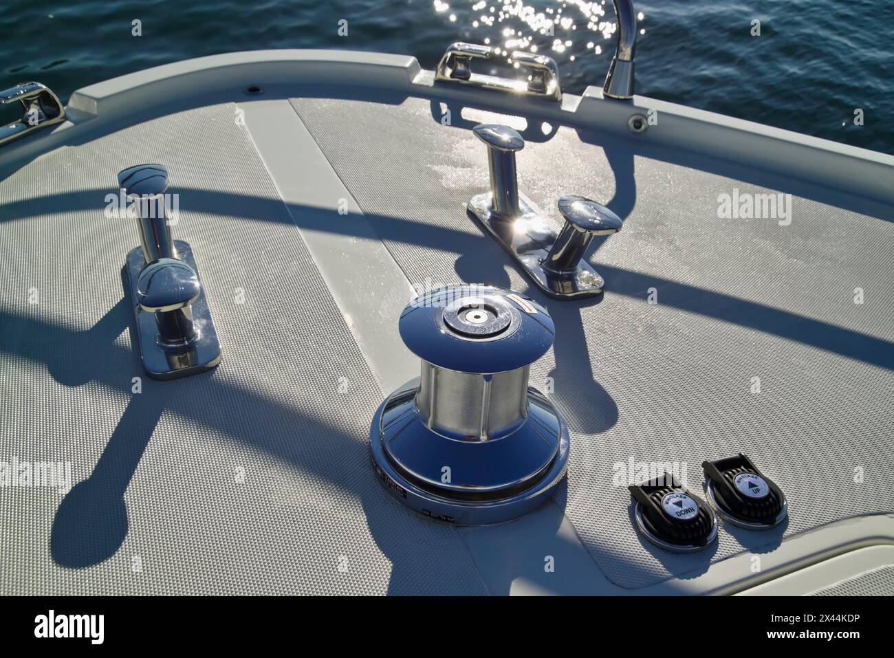 France, Cannes, Continental 80 luxury yacht, bow winch closeup ...