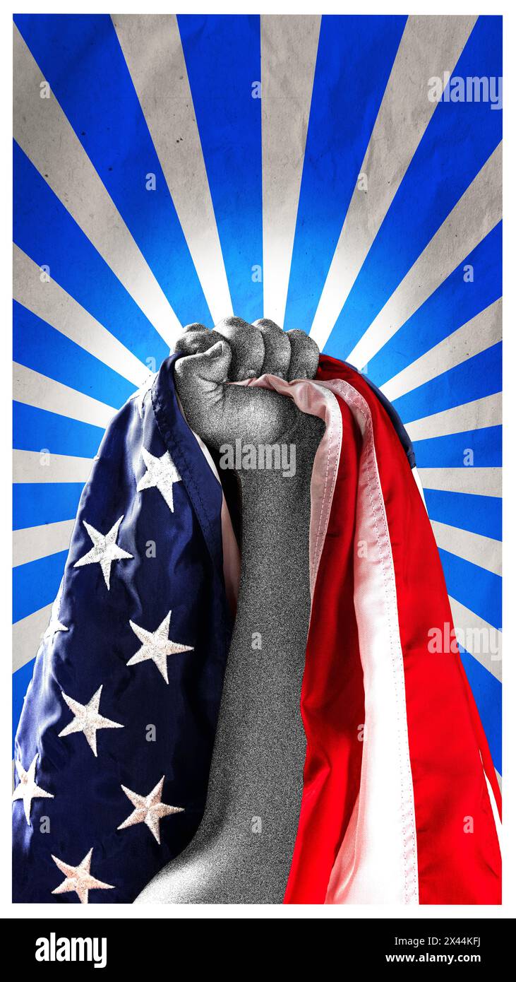 Strength and unity. Powerful fist wrapped in American flag symbolizing ...
