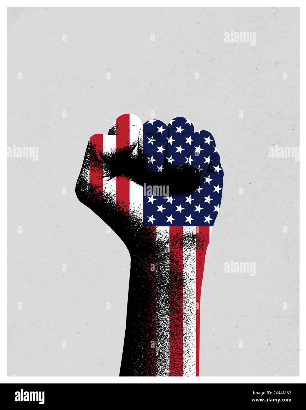 Hand hand, raised fist colored in American flag symbolizing strength in ...
