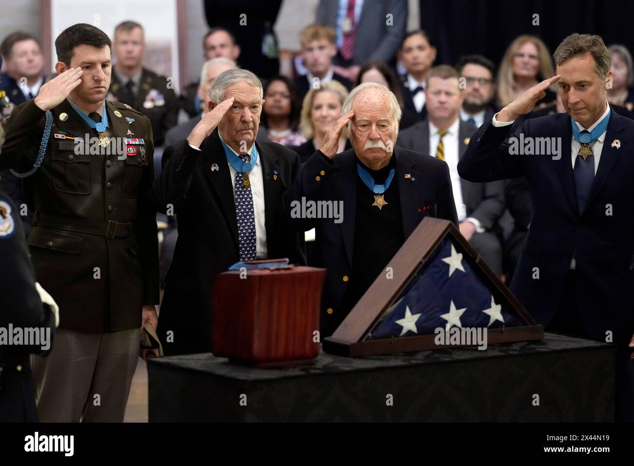 Washington, USA. 29th Apr, 2024. Medal of Honor recipients salute as the remains of retired Army ...