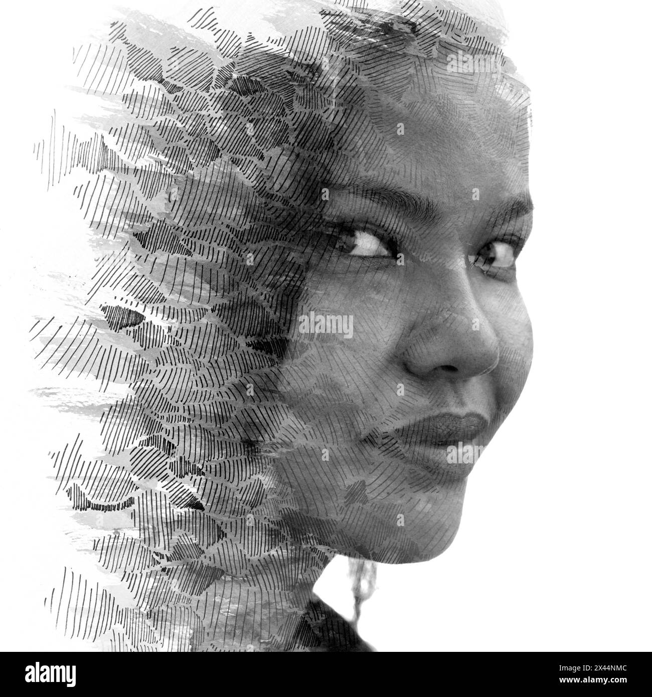 A black and white half profile paintography portrait of a young Asian ...