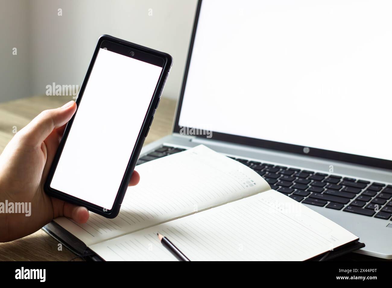 blank white screens of mobile phone and laptop, man holding phone in ...