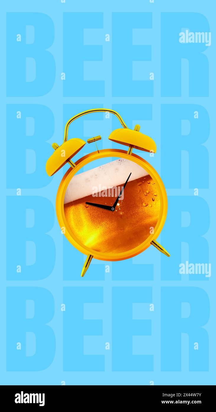 It's party time. Alarm clock filled with lager foamy beer against blue ...