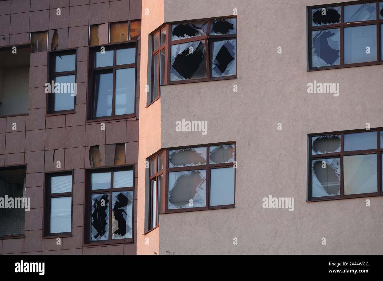 KHARKIV, UKRAINE - APRIL 29, 2024 - A high-rise building is damaged by ...