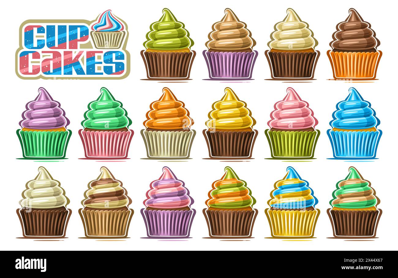 Vector Cupcake Set, big collection of cut out illustrations different cupcakes in paper package ...