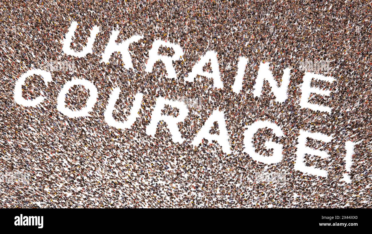 Concept community of people forming the message UKRAINE COURAGE. 3d ...