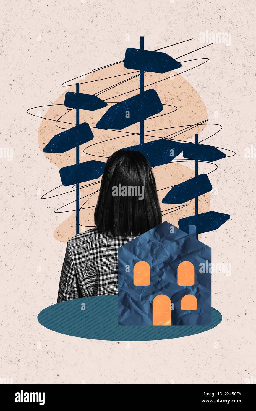 Vertical picture collage woman real estate roadpost signs show ...