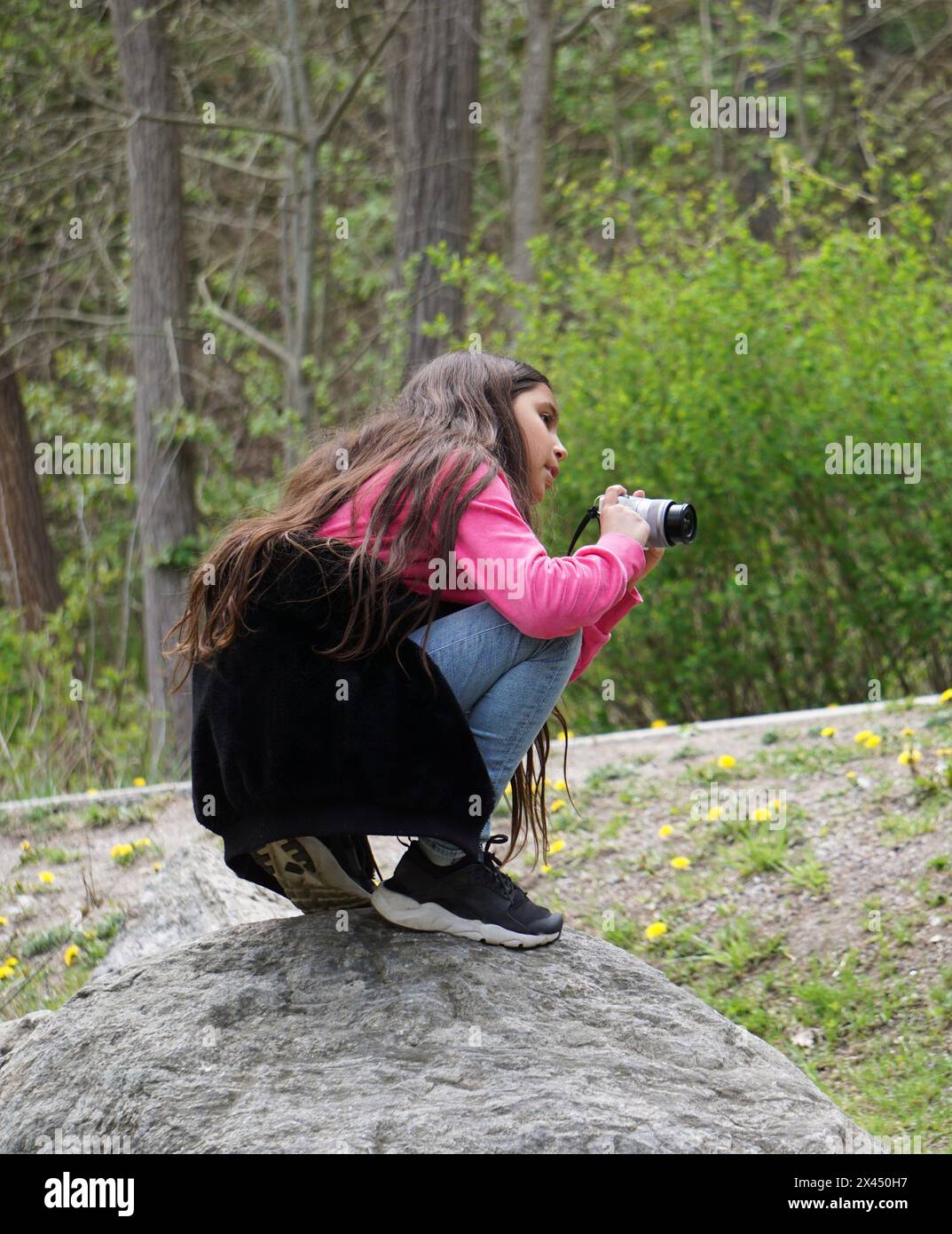 Side view of a girl photographing while crouching on rock in forest ...
