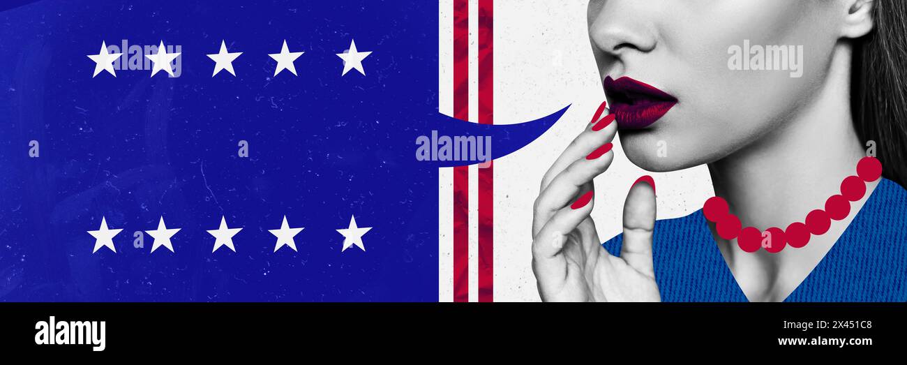 Panoramic picture collage young woman makeup lips voter election campaign textbox speech america ...