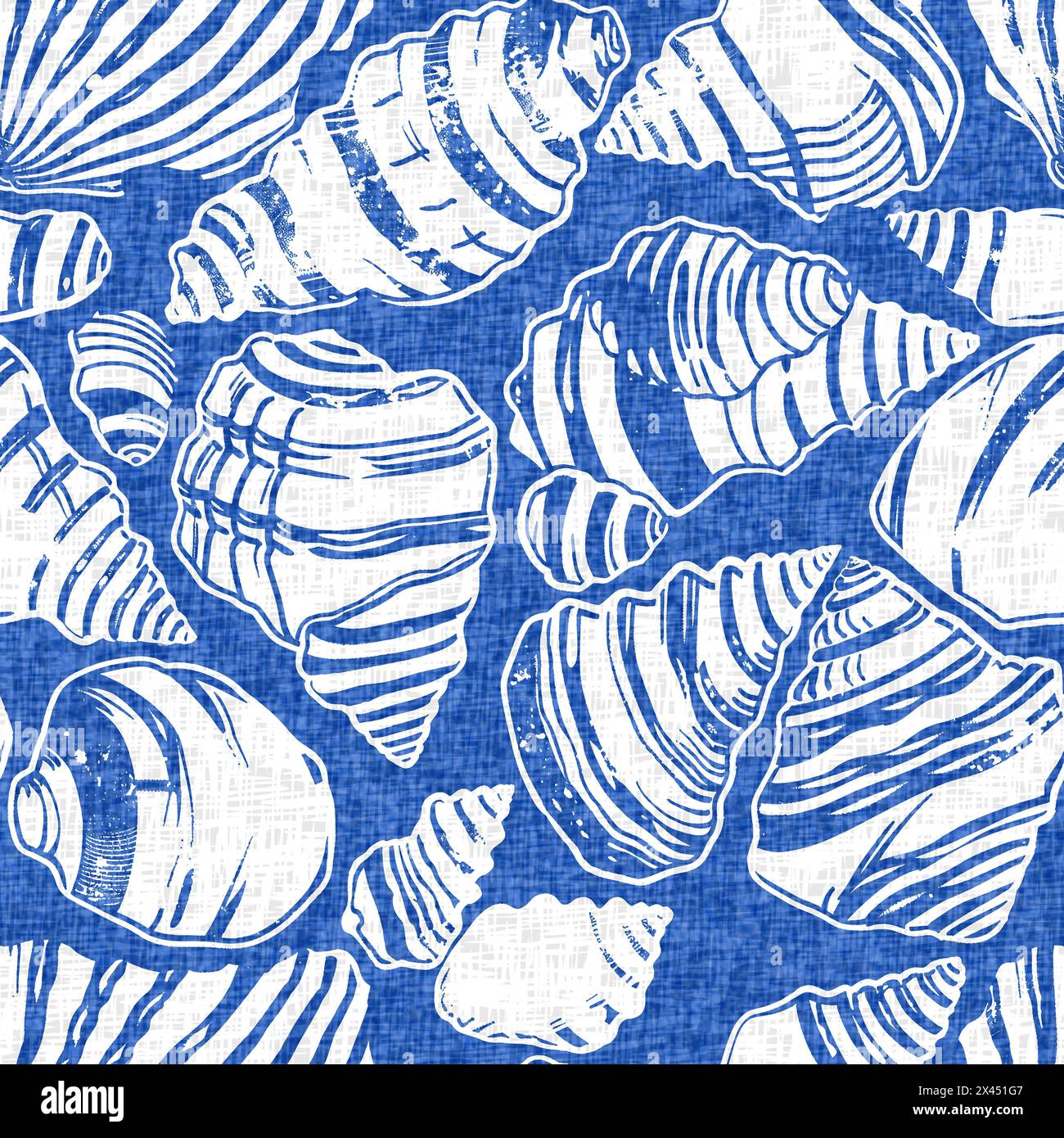 Azure blue white shell motif with linen seamless batik background ...