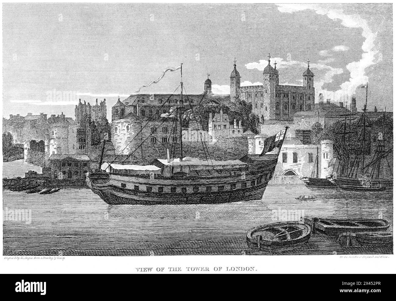 An engraving entitled View of the Tower of London UK scanned at high ...