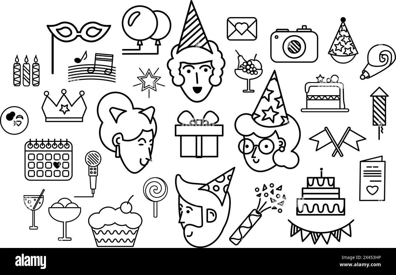 Set of birthday party icons and symbol. Outline of festive gifts ...