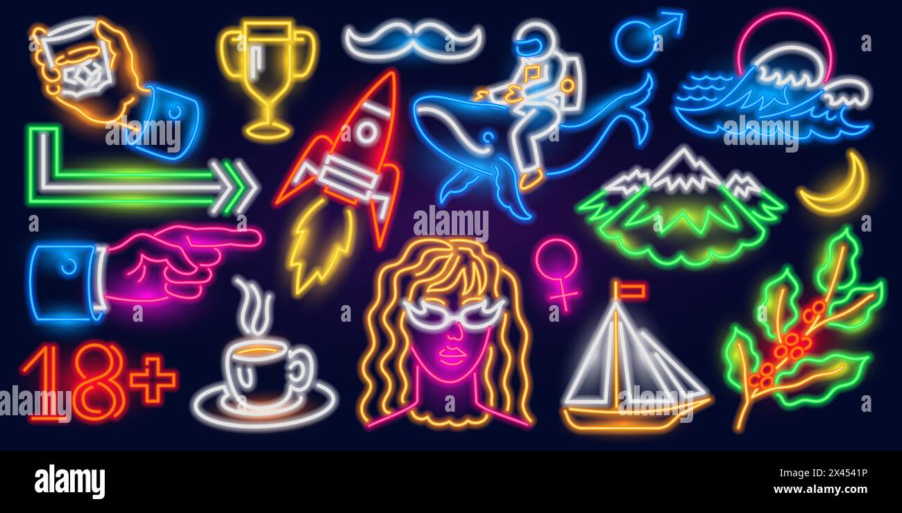 Set of fashion space neon sign. rocket, wave, mountains, sailboat ...