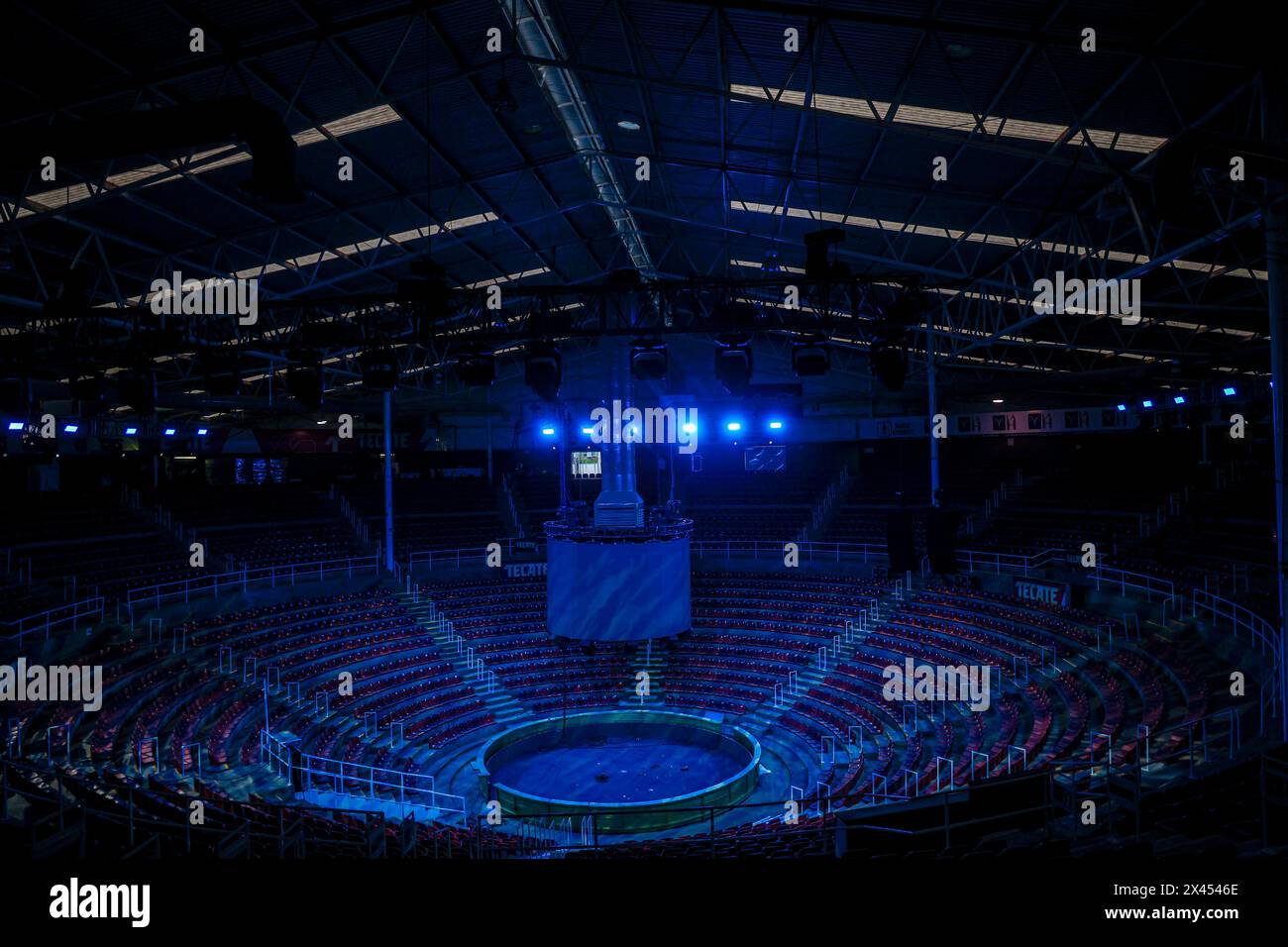 Palenque of the Sonora Livestock Expo and seats with blue lighting ...