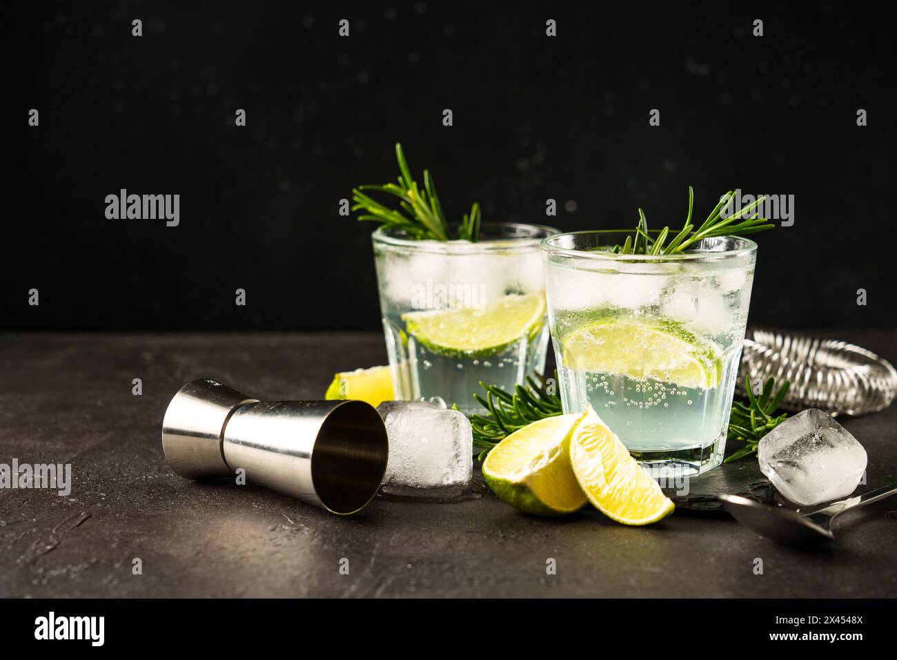 Gin tonic. Alcohol drink with gin, tonic, ice cubes, lime and rosemary ...