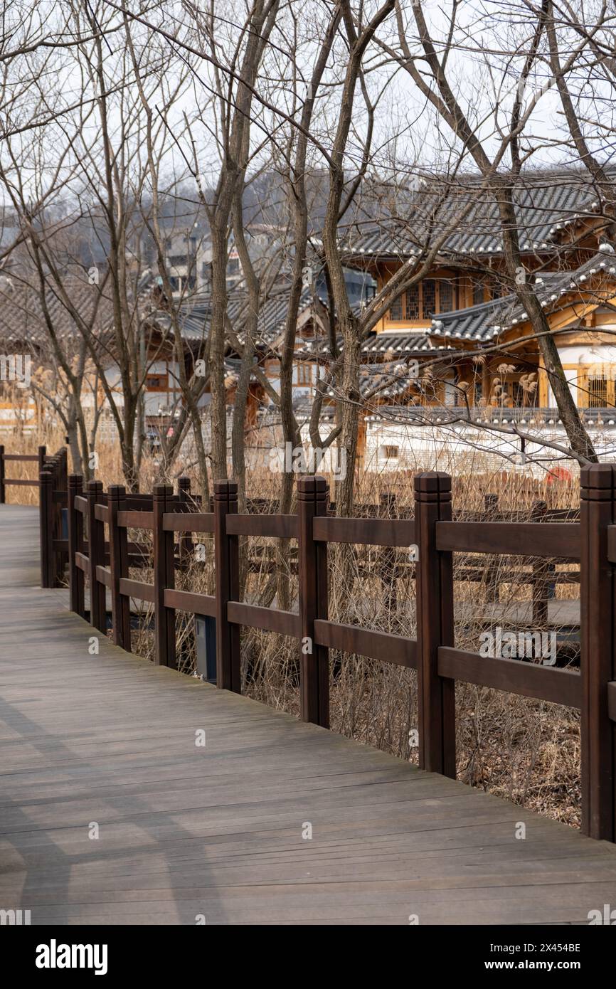 Wooden path in Eunpyeong Hanok Village, the largest neo-hanok ...