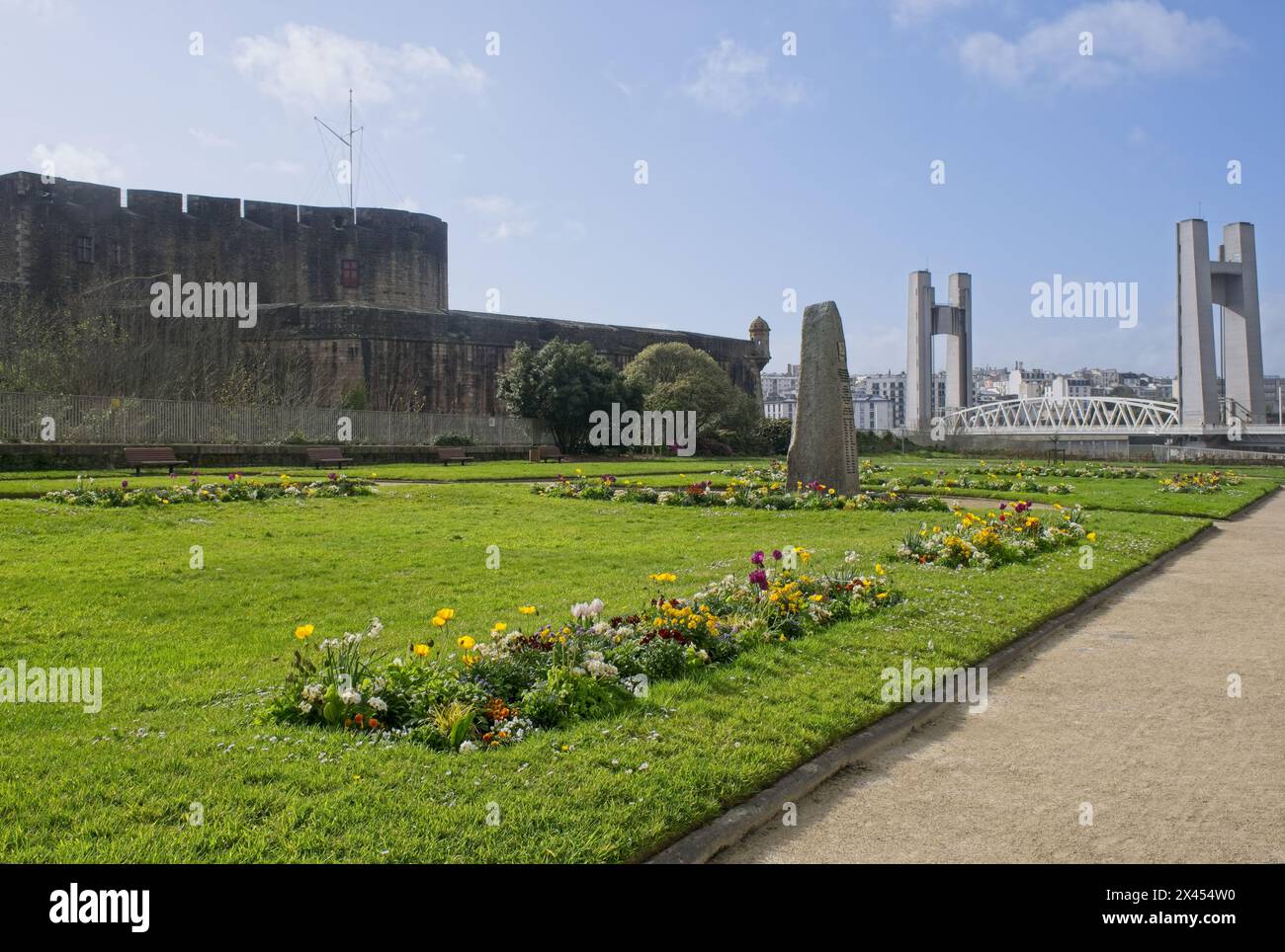 Brest, France - Apr 7, 2024: Vertical Bridge and castle. People walking ...