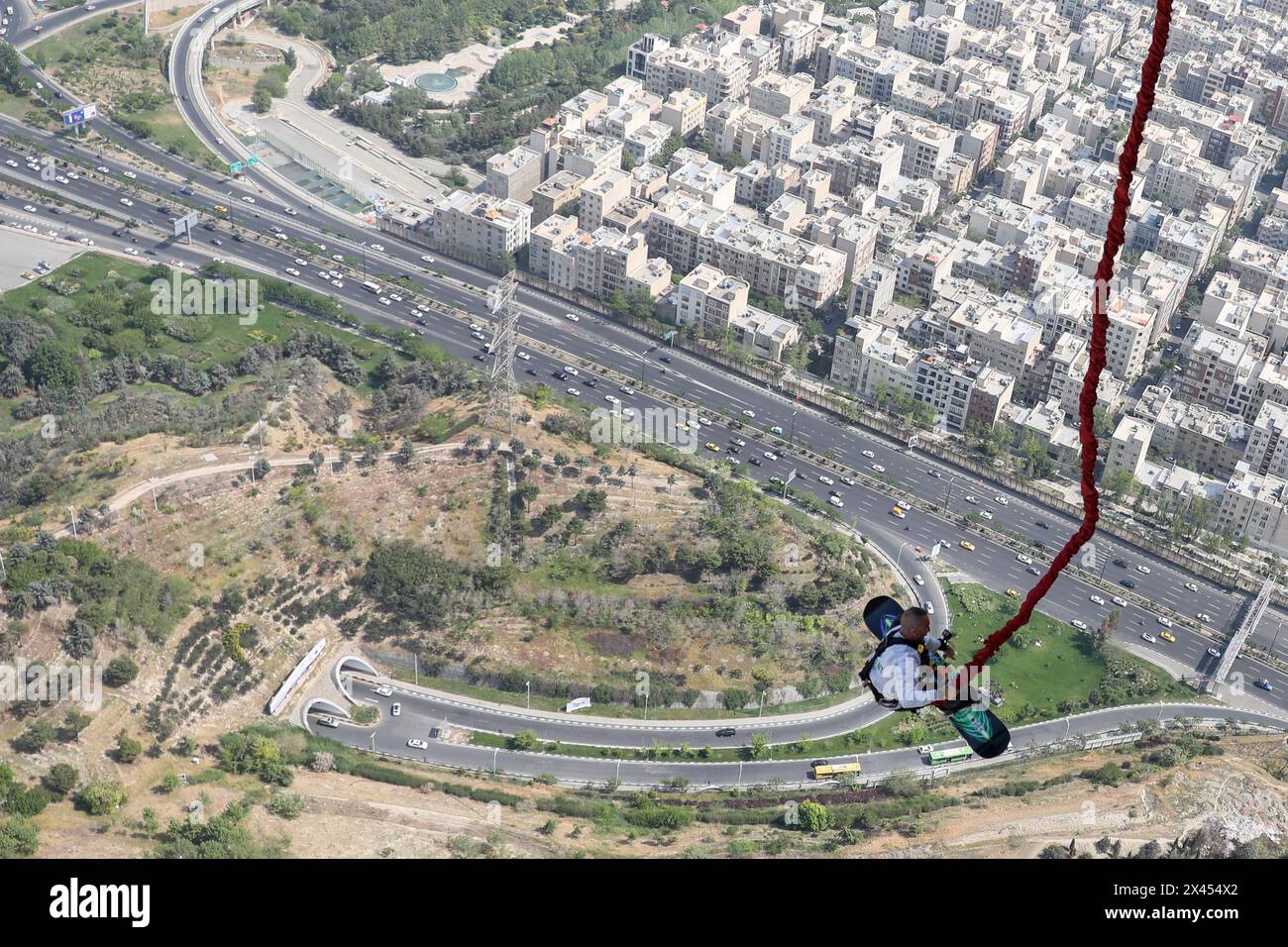 Tehran, Iran. 29th Apr, 2024. An Iranian man jumps with his skiboard ...
