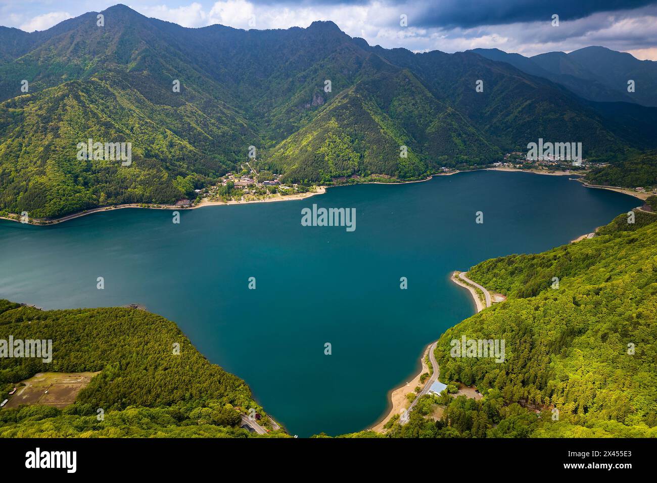 Aerial view of the volcanic Lake Saiko in the Mount Fuji area of Japan ...