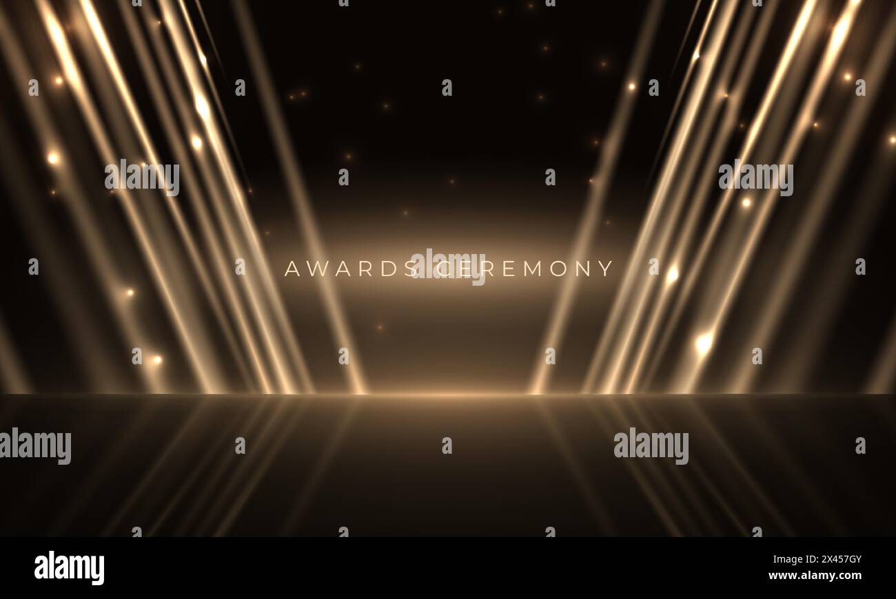 Golden light rays scene with stars and sparkles. Award ceremony vector ...
