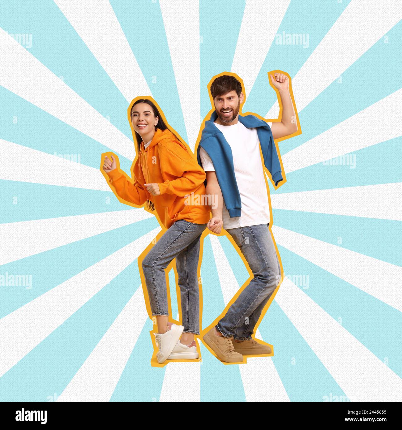 Pop art poster. Couple dancing on bright striped background, pin up ...