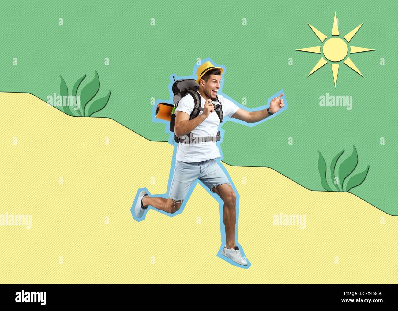 Pop art poster. Tourist with backpack running on drawn sand, pin up ...