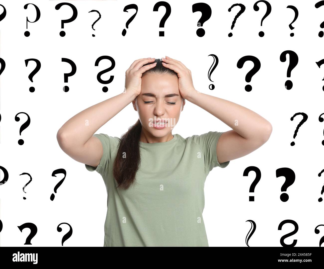 Amnesia Stressed Young Woman And Question Marks On White Background
