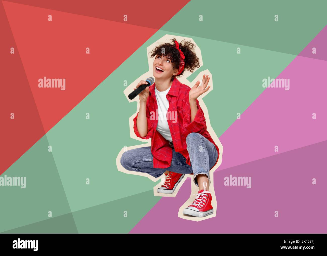 Pop art poster. Beautiful young woman with microphone singing on bright ...