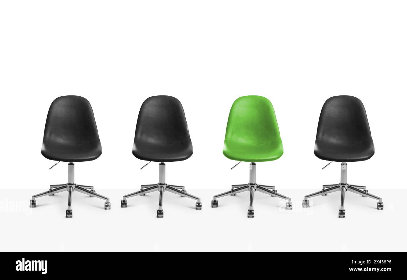 Vacant position. Green office chair among black ones on white ...