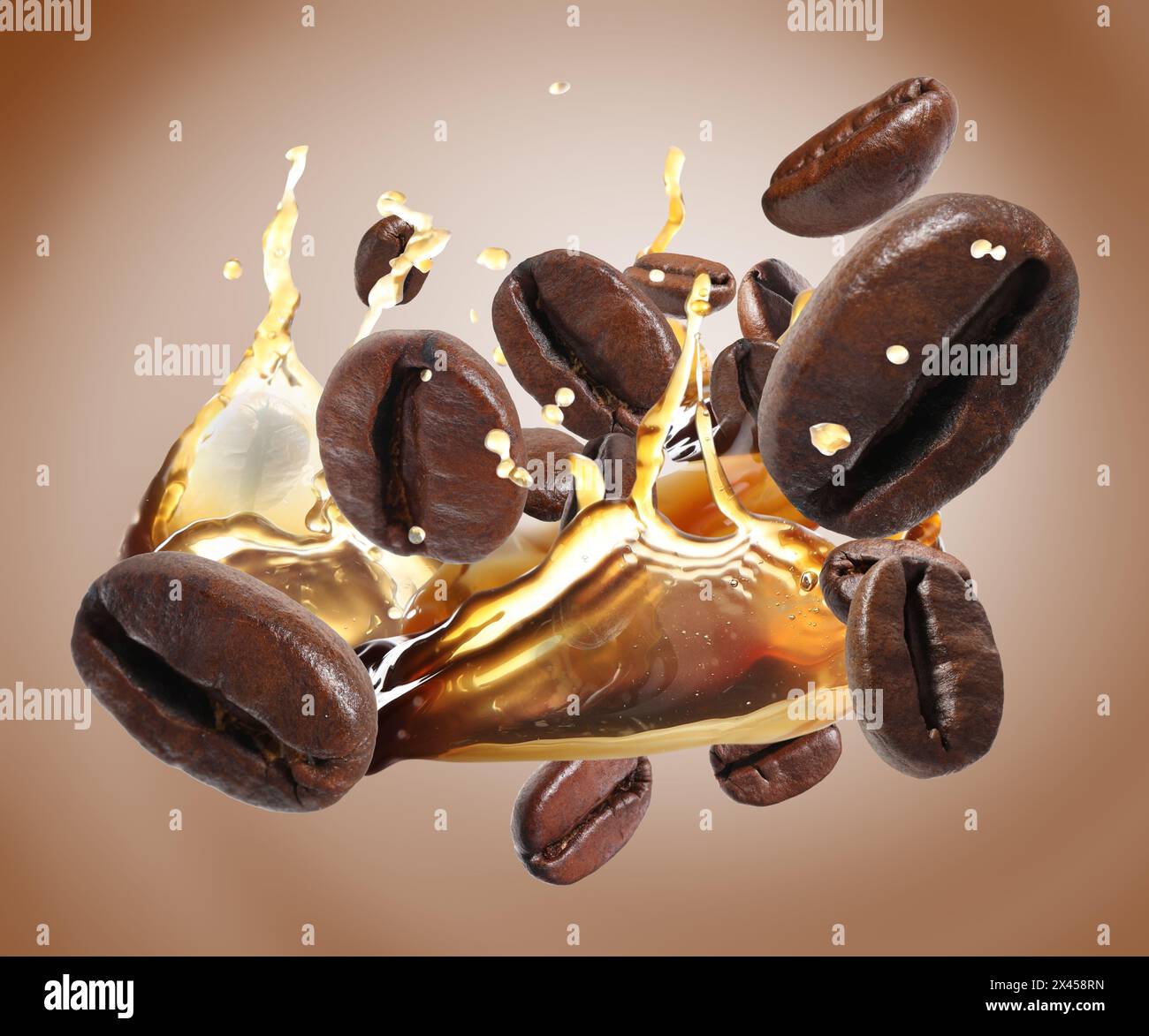 Coffee splash and roasted beans in air on brown gradient background ...