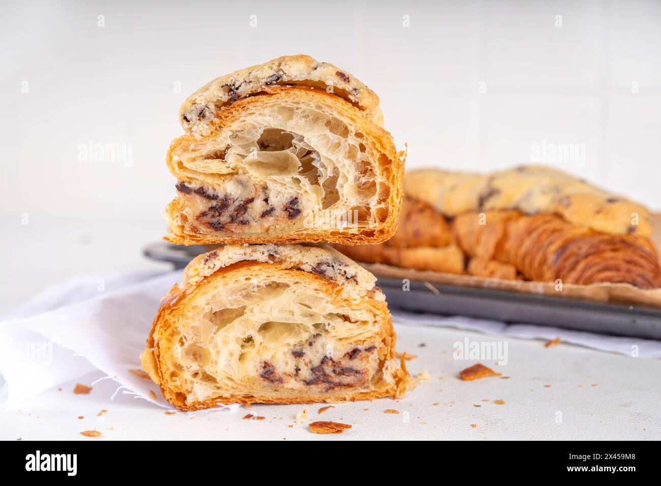 Trendy French sweet dessert pastry crookie, a hybrid of croissant with ...
