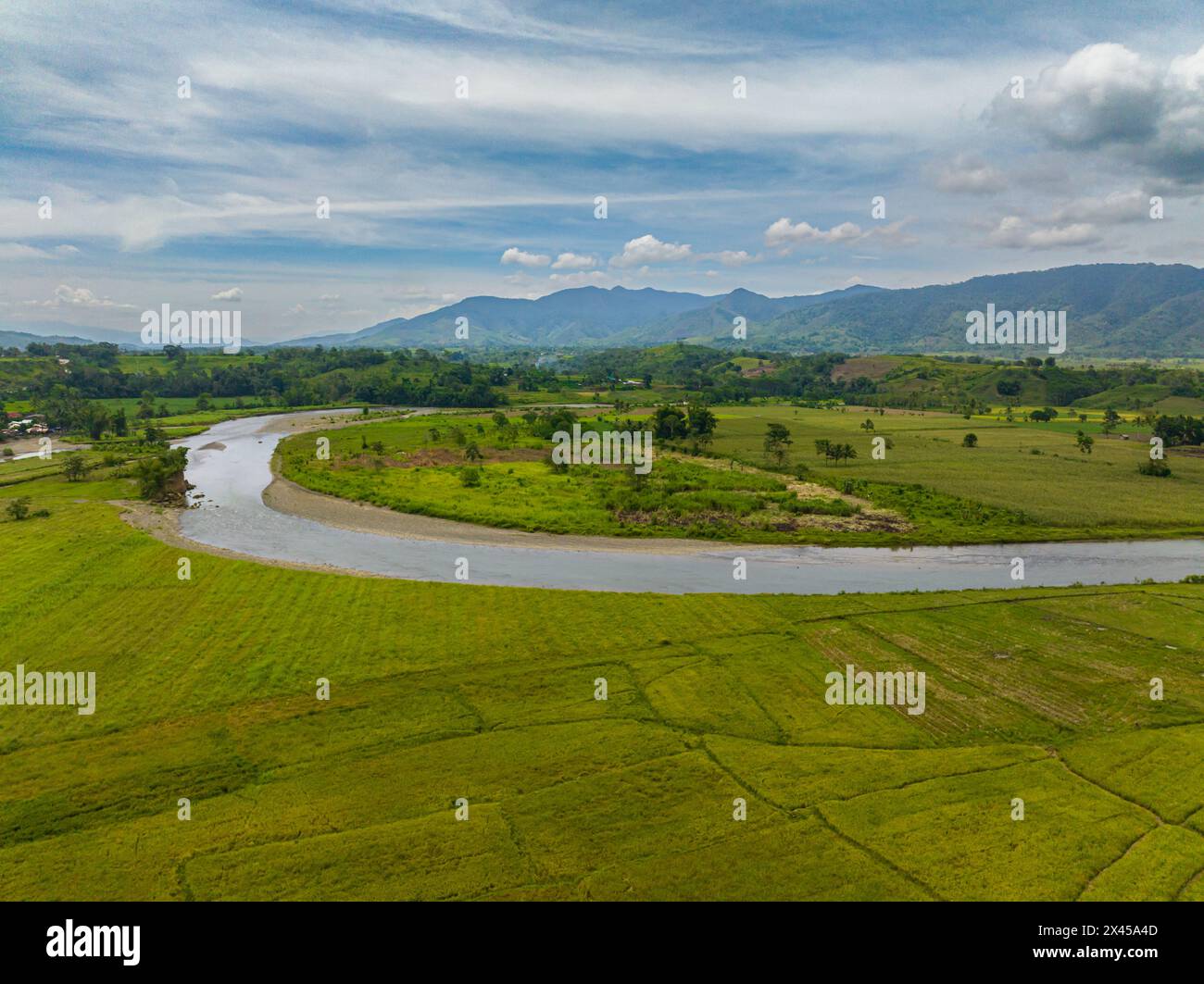 Aerial view of paddy farmlands and river on countryside. Mindanao ...