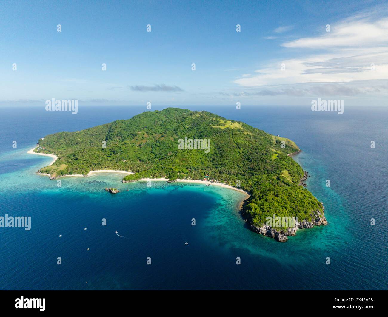 Aerial view of turquoise water at coast with sandy beach. Cobrador ...