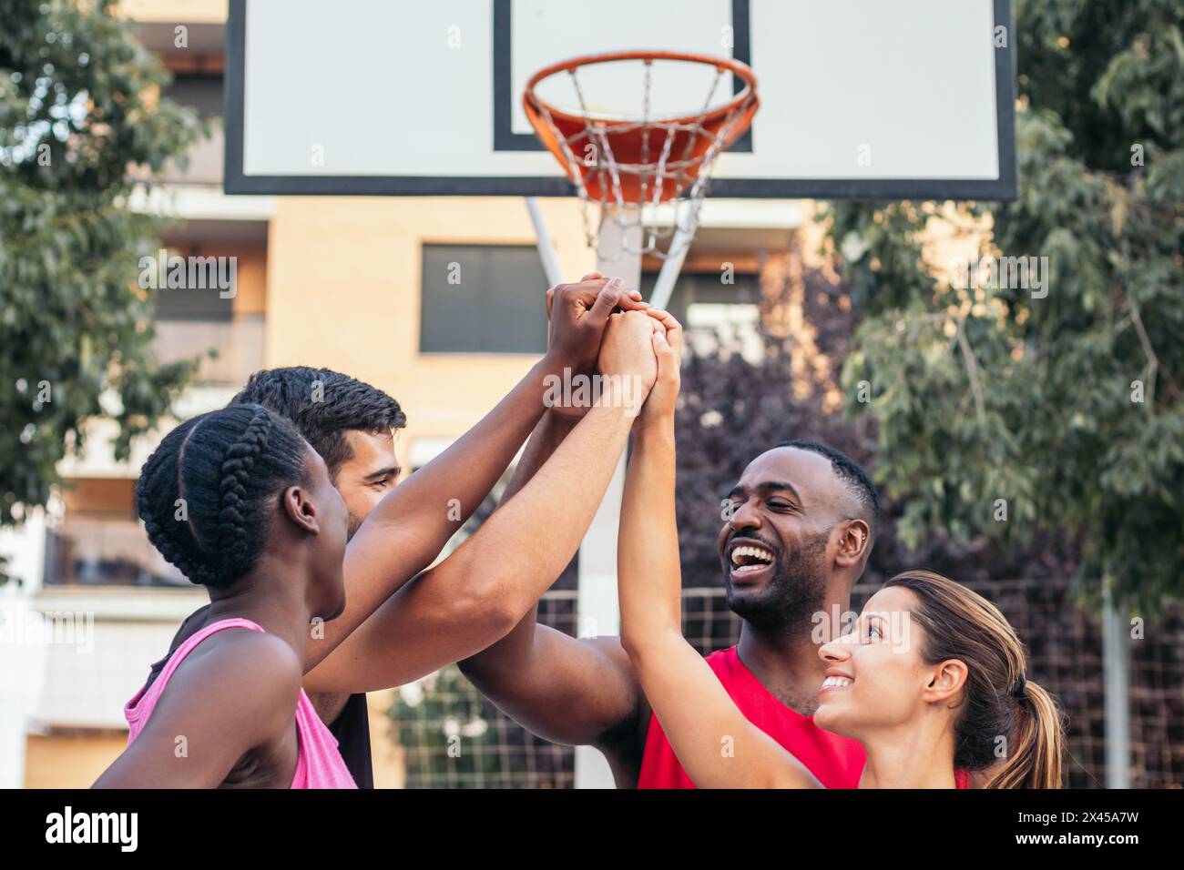 Team Bonding: Friends High five on Basketball Court and Celebrating ...