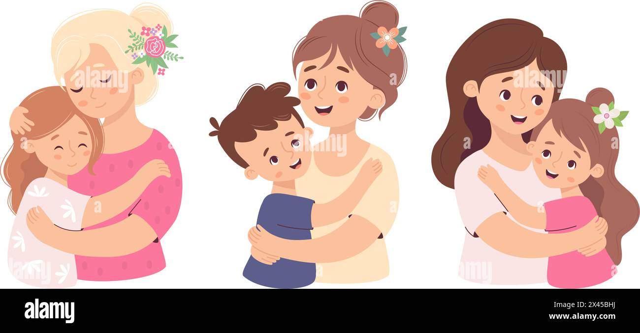 Cute mother with daughter and son. Happy family collection. Beautiful woman tenderly hugging ...