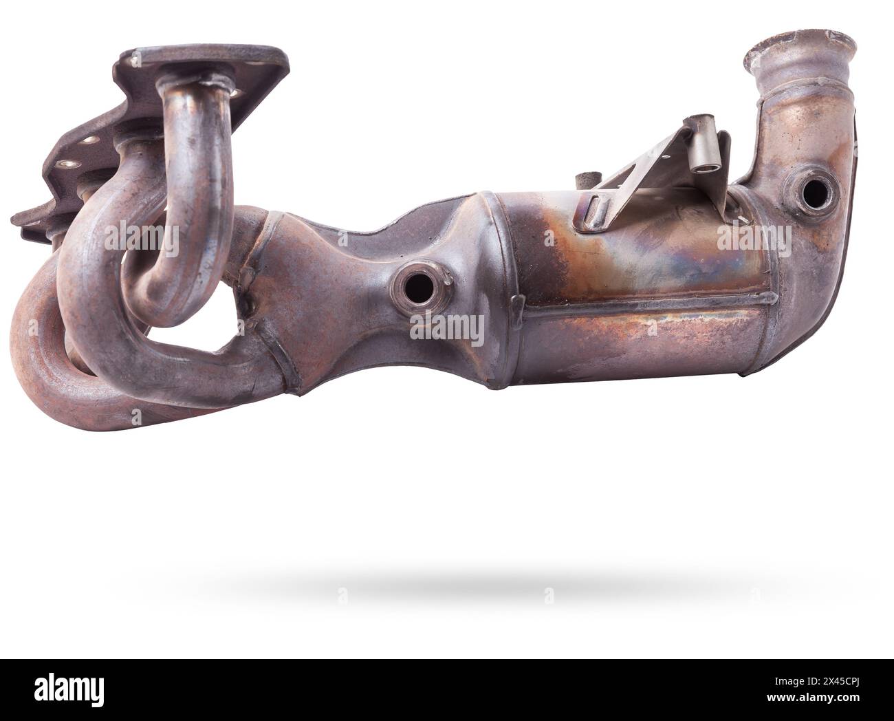 A automotive exhaust manifold with catalyst isolated on white. Exhaust ...
