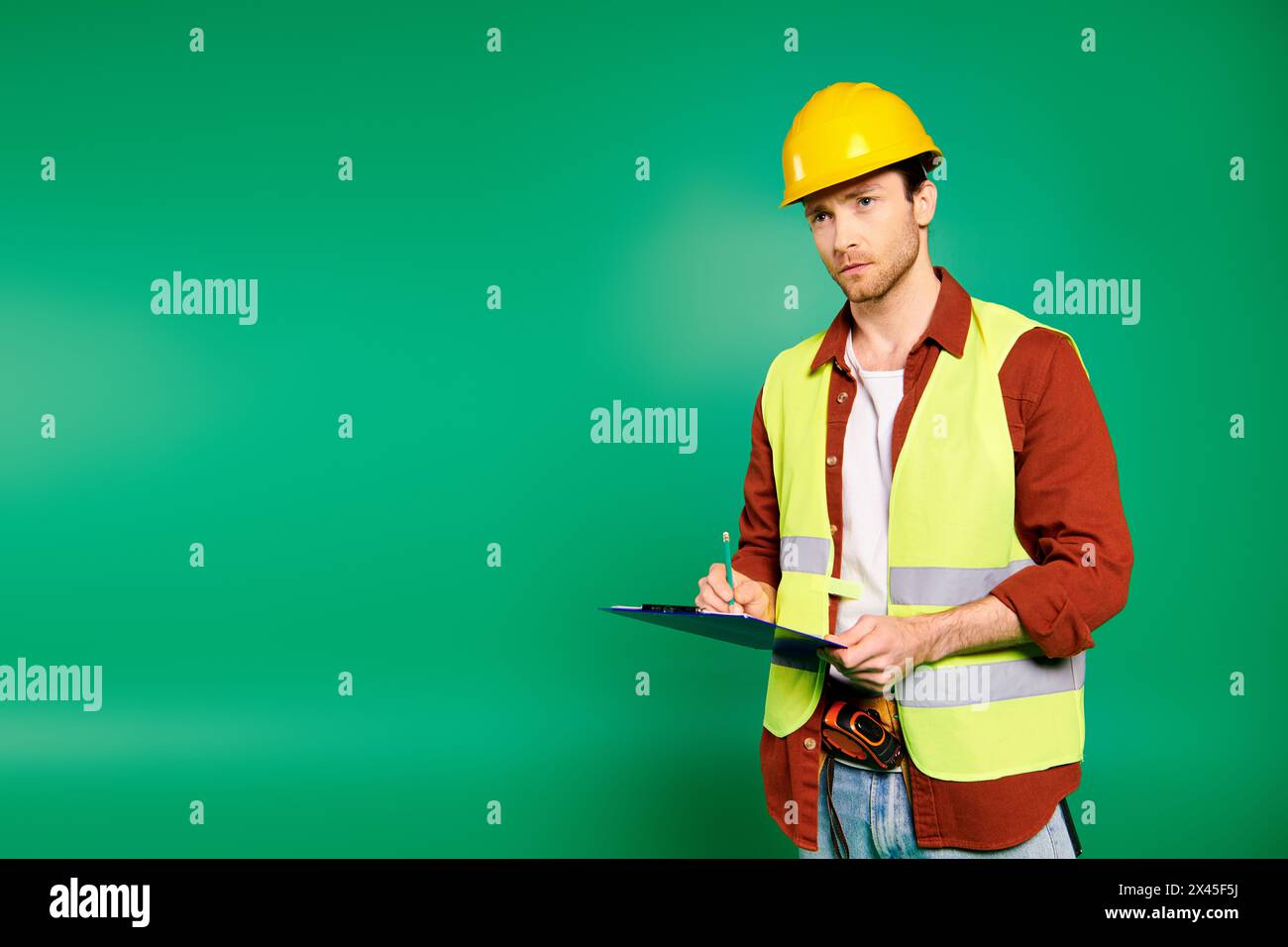 Handsome man in hard hat holding clipboard while inspecting ...