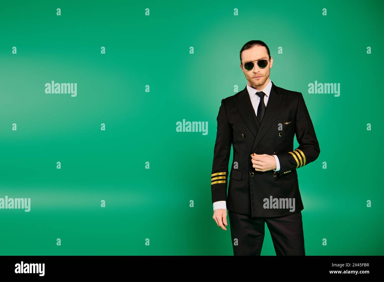 Handsome male pilot in black suit and sunglasses poses confidently ...