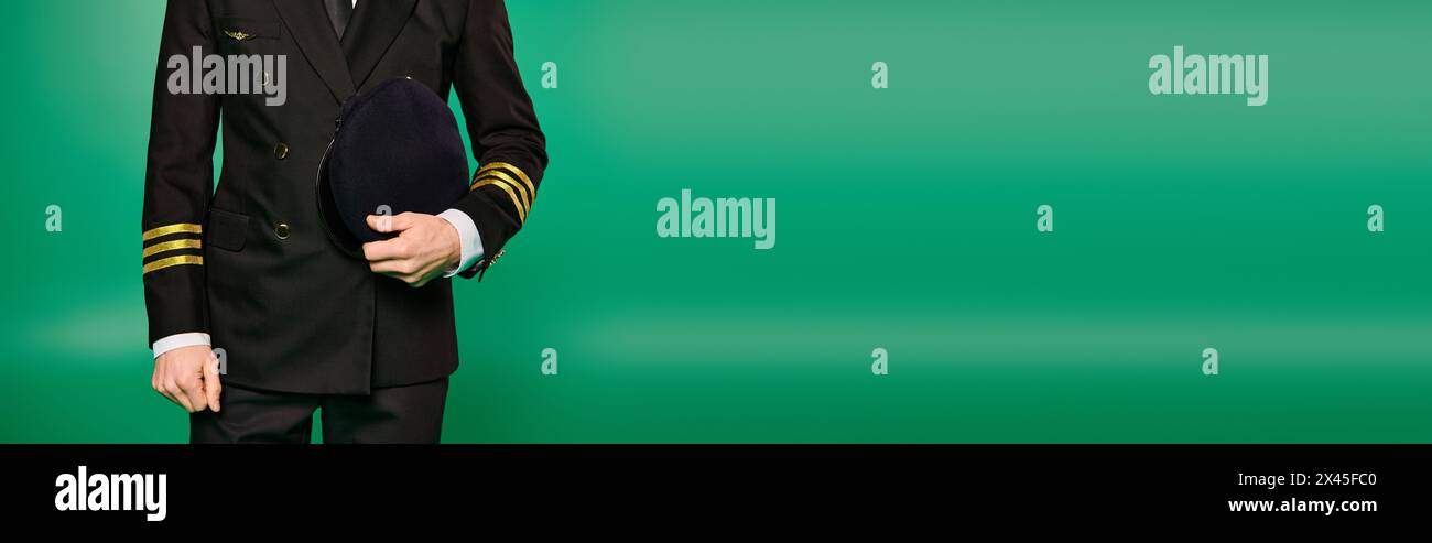 Handsome pilot in black suit and tie striking a pose against a vibrant ...