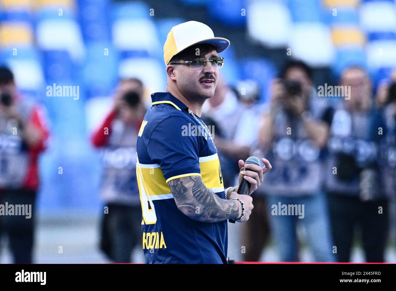 Singer Geolier performs before the Serie A match between SSC Napoli and ...