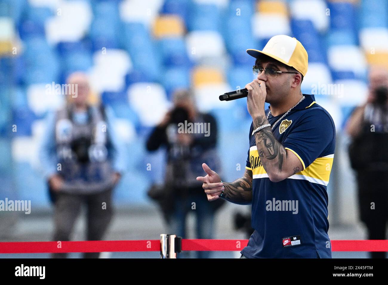 Singer Geolier performs before the Serie A match between SSC Napoli and ...