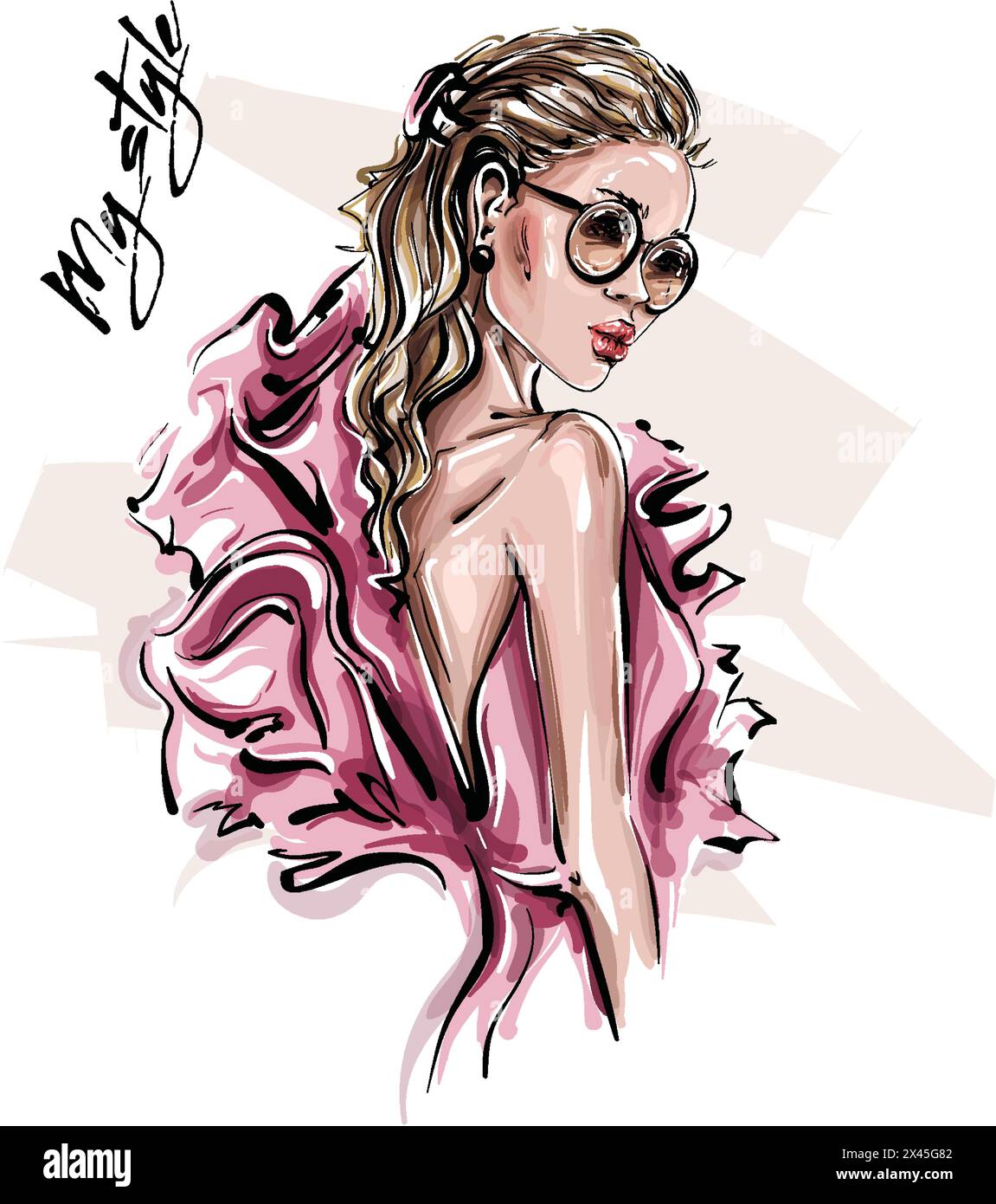 Hand drawn beautiful young woman in sunglasses. Stylish girl in pink ... Hand drawn beautiful young woman in sunglasses. Stylish girl in pink ...