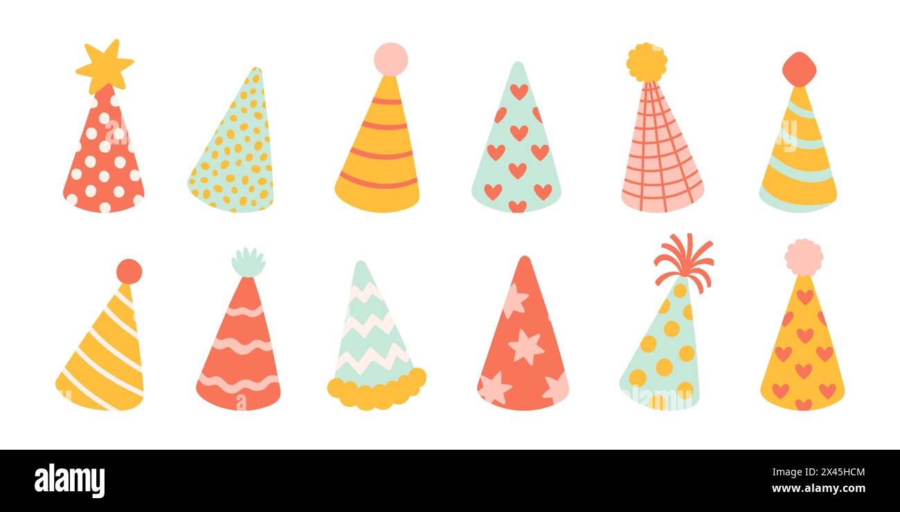 Birthday party hat set. Vector illustration set of cute doodle colored ...