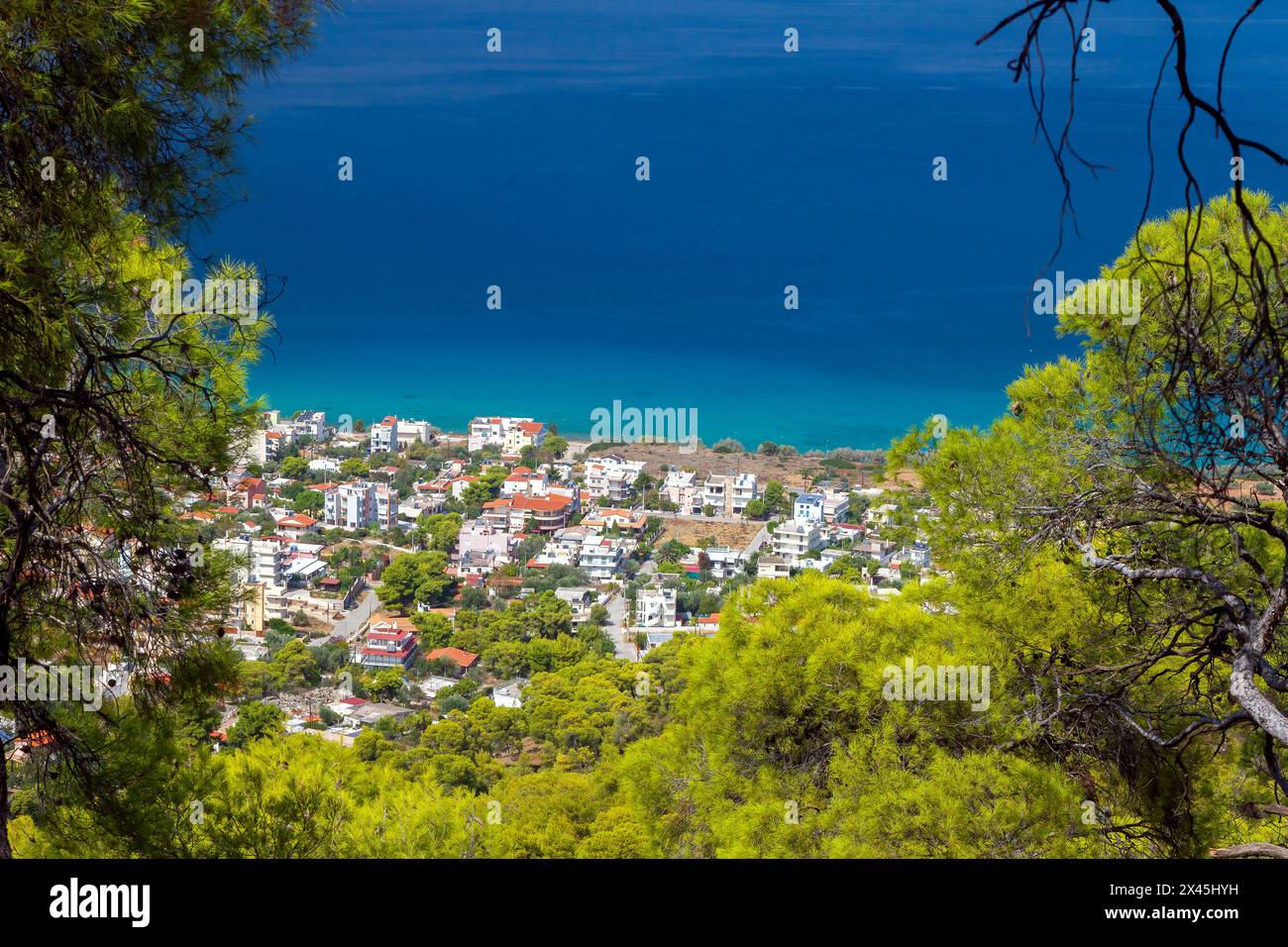 Aianteio town, panoramic view of this seaside town in Salamina island ...